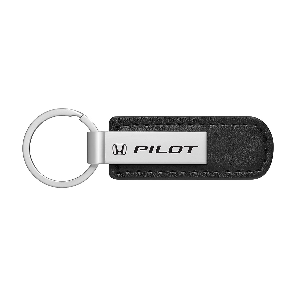 iPick Image for Honda Pilot Silver Metal Plate Black PU Leather Strap Key Chain Keychain, Official Licensed