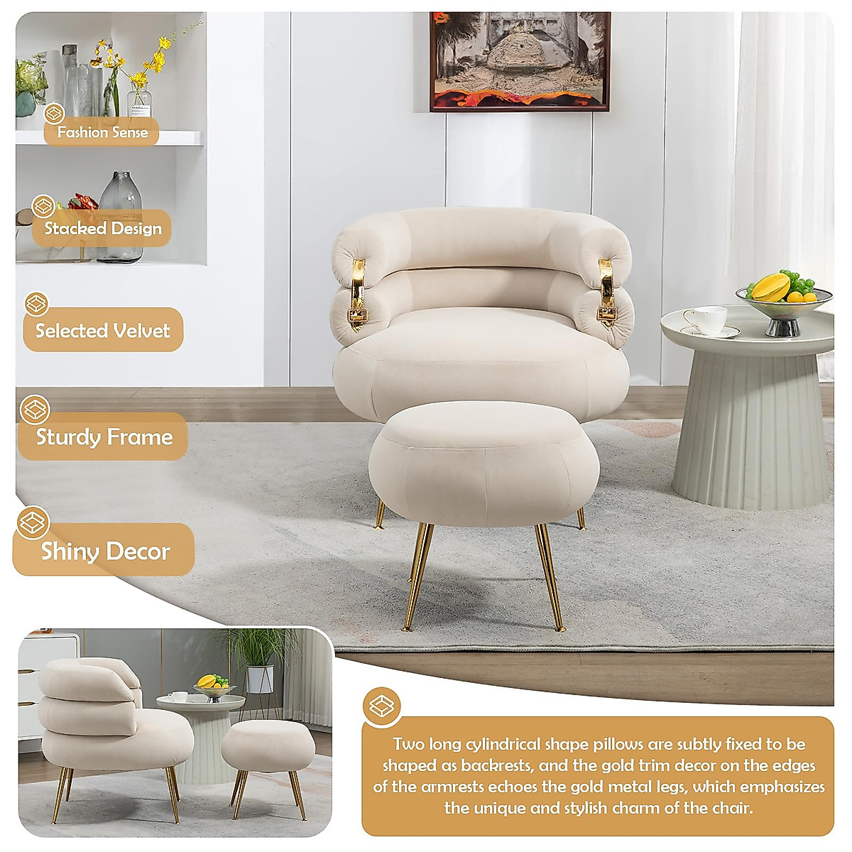Antetek Modern Velvet Accent Chair with Ottoman, Upholstered Sofa Chair with Stylish Golden Decor, Comfy Arm Chair Leisure Lounge Chair for Living Room, Bedroom, Office, Beige