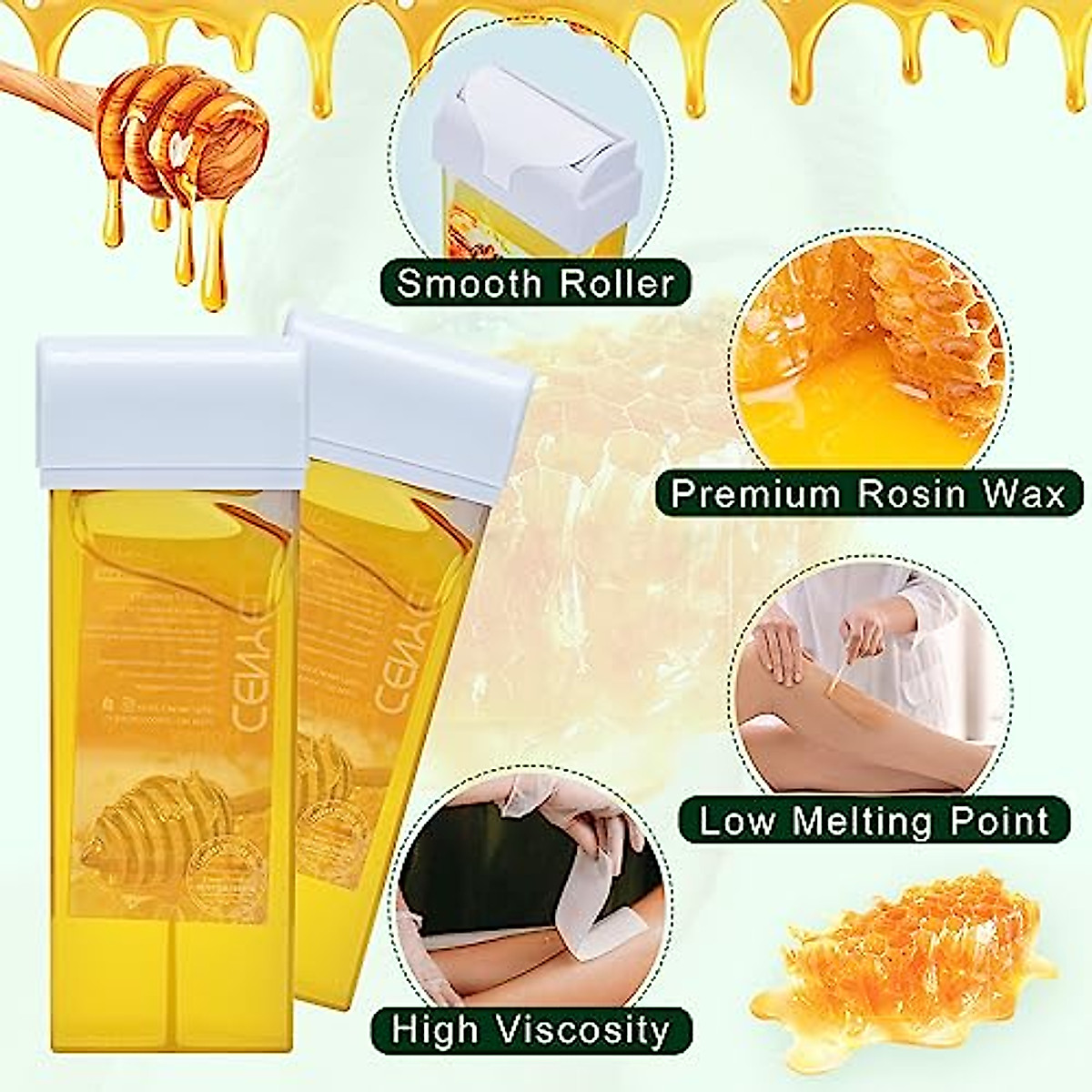 3 IN 1 Roll On Waxing Kit, CENYEDA Hair Removal Triple Roll-On Wax Warmer with 3 Honey Wax Cartridge Depilatory Wax Roller Refill for Legs Arms and Underarm, Upgrade Heating System-Just 13 Mins(Green)
