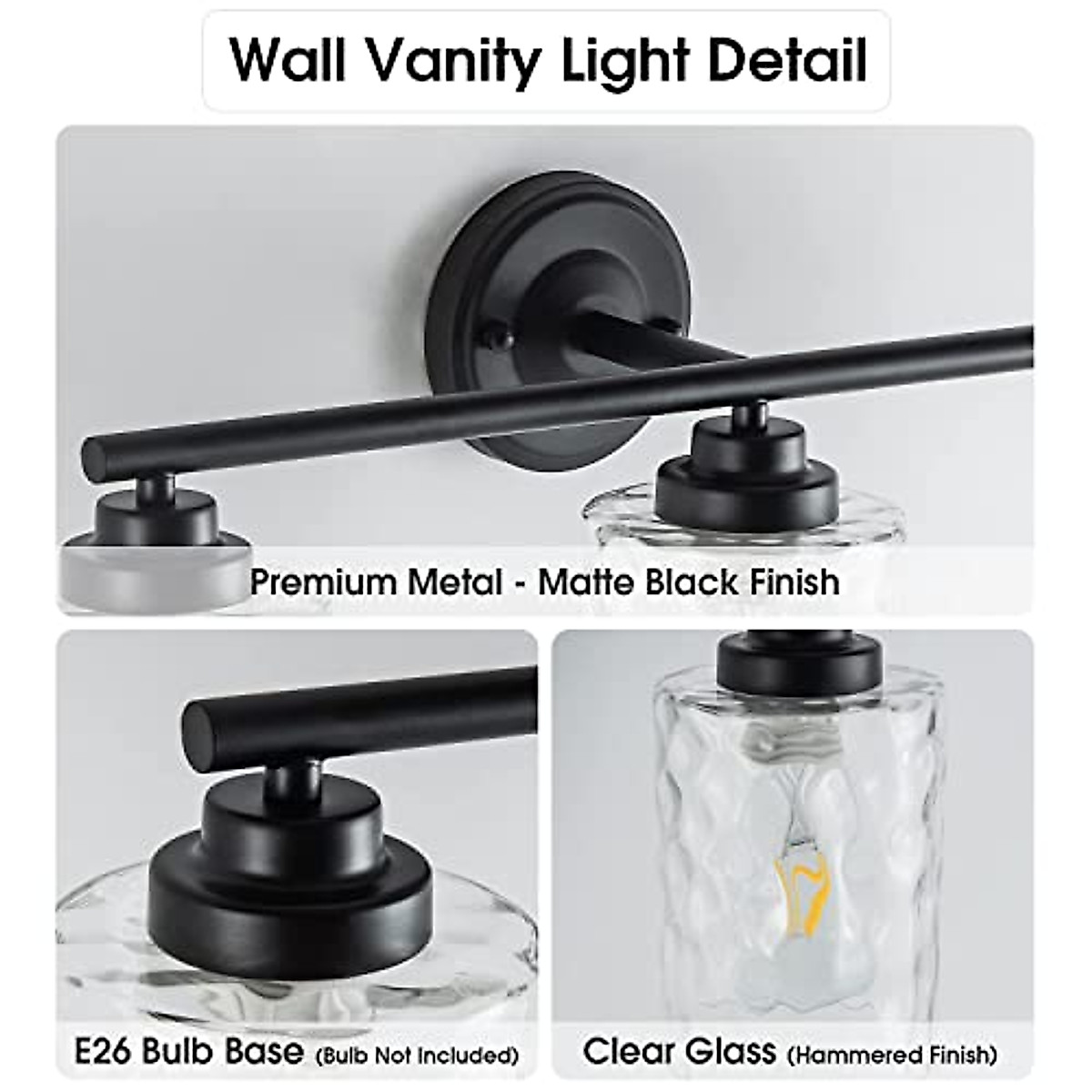 brfaixla Modern Matte Black Bathroom Vanity Lights Fixtures 24 Inch 3-Light Hammered Glass Industrial Sconces Wall Lamp Lighting for Bath Mirror Bedroom Makeup Desk Living Room Kitchen Porch Hotel