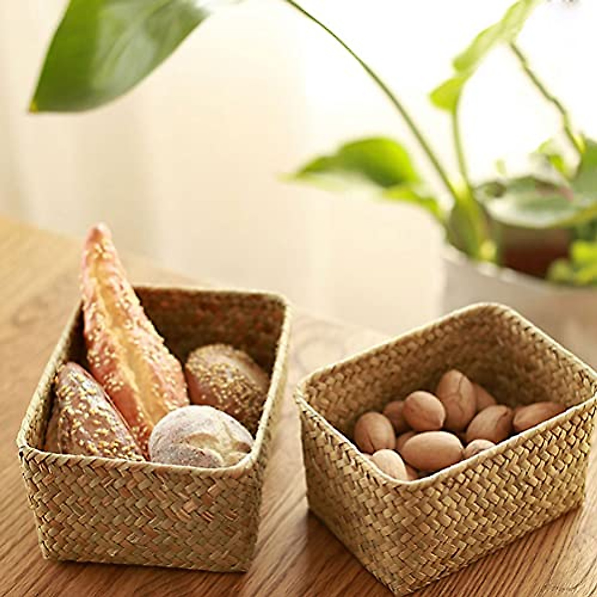 Seagrass Woven Basket, Small Storage Basket Rectangular Organizer Tray Decorative Shelf Basket Weave Sundries Container Desktop Basket for Makeup, Clothes, Toys, Stationery (M)