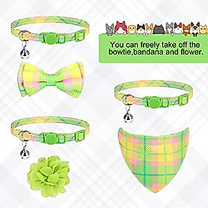 Breakaway Cat Collar with Bow Tie and Bell, Cute Flower & Bandana, 3 Pack Safety Buckle Kitten Collars, Adjustable Pet Collar for Girl Boy Cats Puppy (Green)