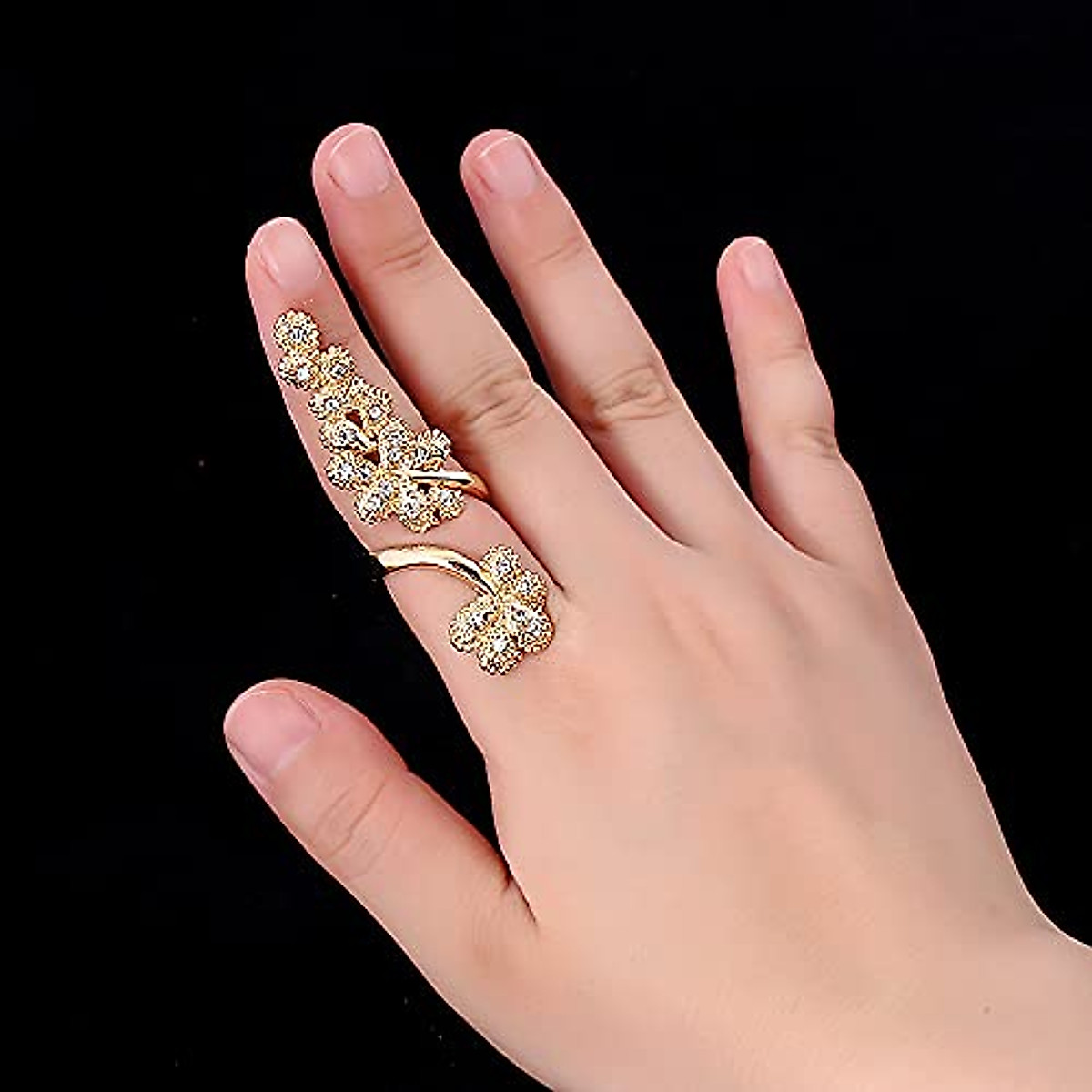 Big Twisted Leaf Flower Statement Ring for Women Girls Gold Plated CZ Open Band Adjustable Expandable Knuckle Rings Comfort Fit Retro Bohemian Bollywood Mother's Day Christmas Jewelry Gift