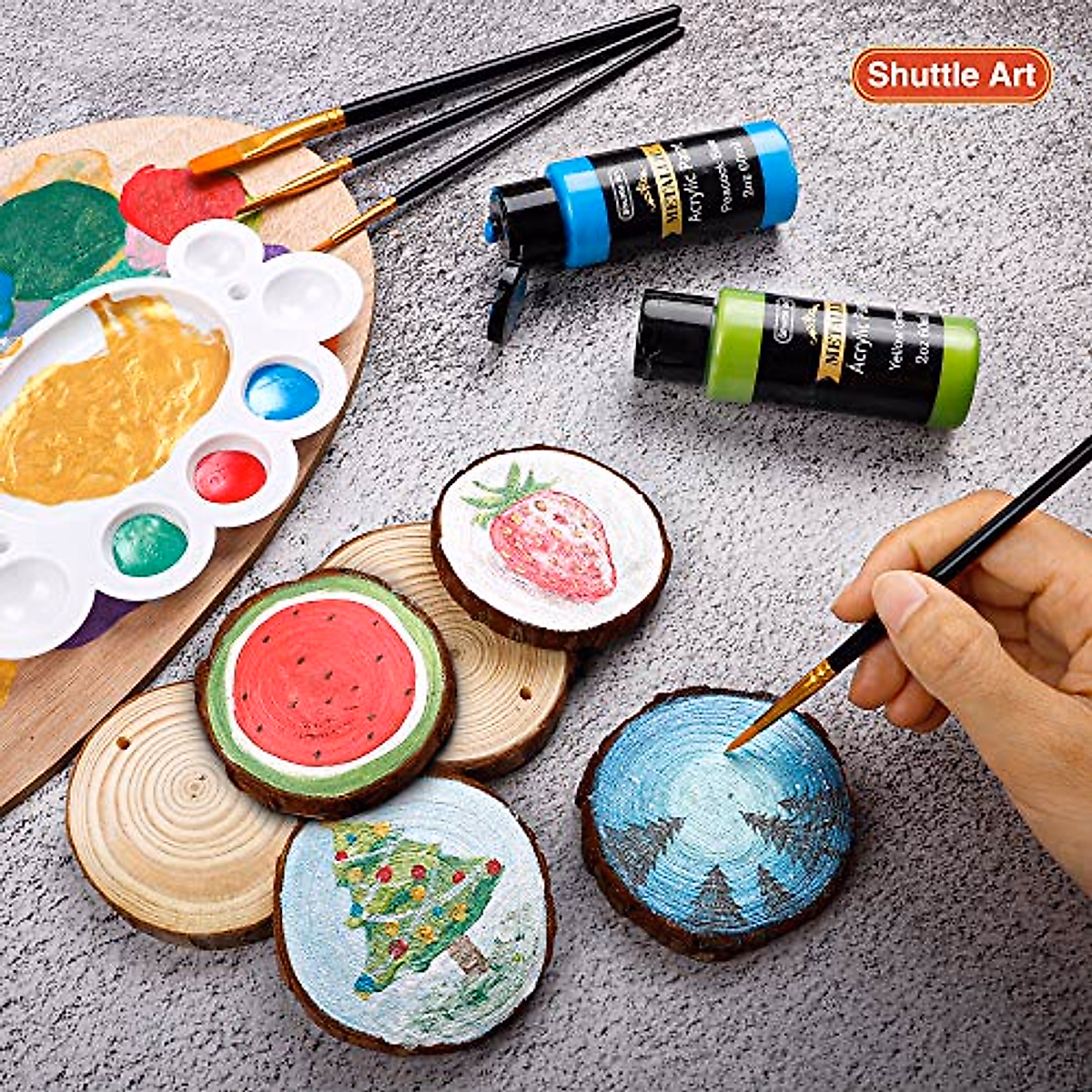 Metallic Acrylic Paint Set, Shuttle Art 20 Colors Metallic Paint in Bottles (60ml, 2oz) with 3 Brushes and 1 Palette, Rich Pigments, Non-Toxic for Artists, Beginners on Rocks Crafts CanvasWood Fabric