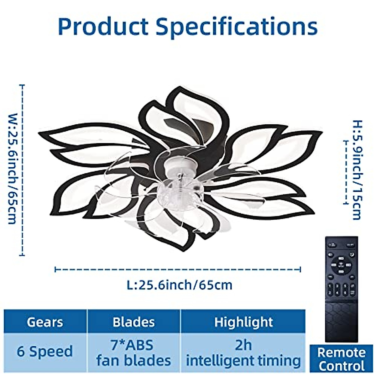 OLUZO 25.6'' Black Modern Ceiling Fan with Light, Low Profile Ceiling Fans with Lights and Remote/APP,Flush Mount Ceiling Fan,6 Wind Speed,3 Color Light,Ceiling Fan Light for Bedroom/Living/Office