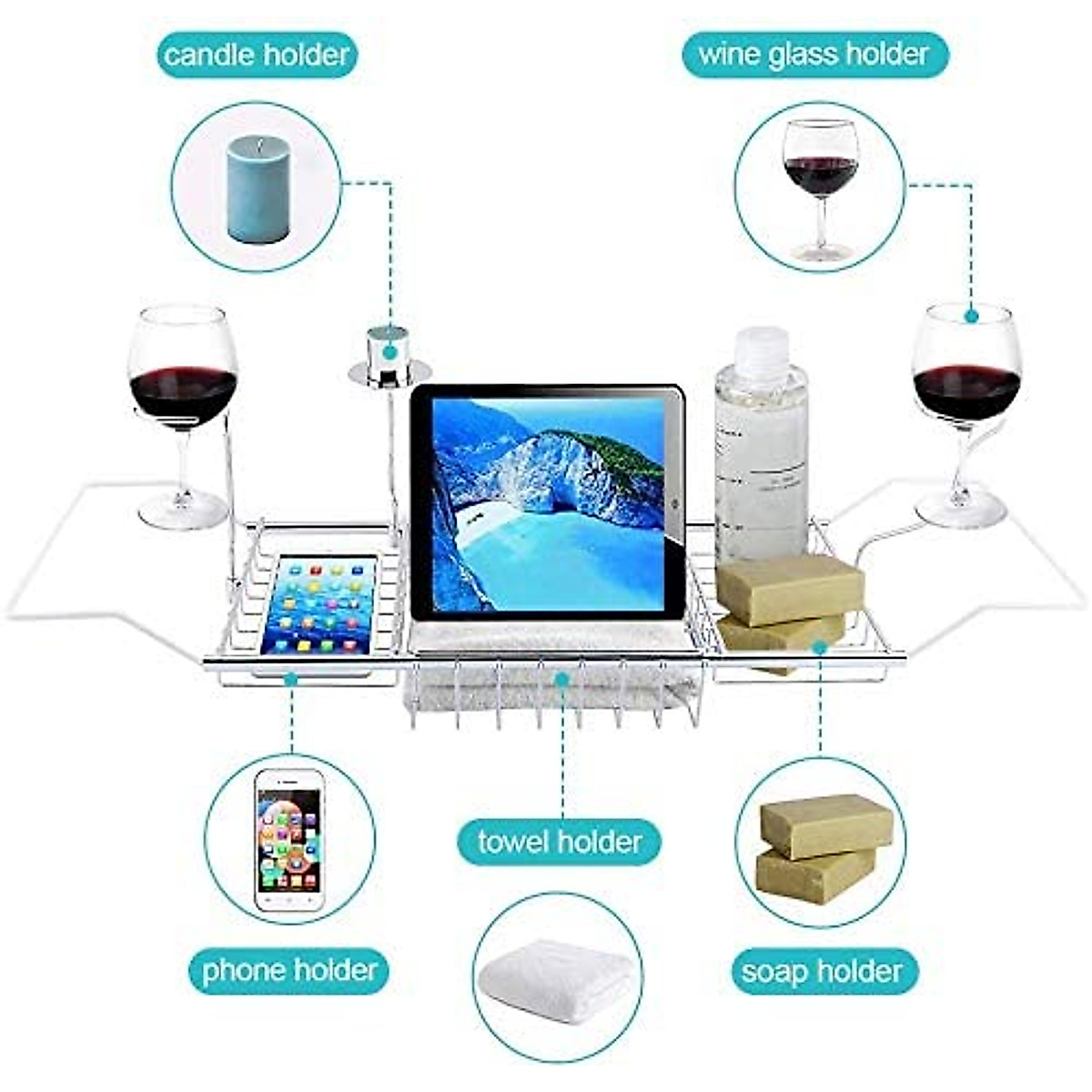GOTOTOP Stainless Steel Tub Shampoo Bath Caddy Bathtub Caddy Tray, Stainless Steel Bathroom Bath Tub Table Caddy Tray Shelf with Extending Sides and Removable Wine Glass Book Holder Bath Organizer