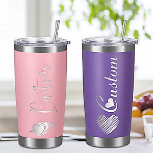 Personalized Water Bottles with Straw 20oz Custom Stainless Steel Sports Water Bottle with Engraved Name Text Customized Insulated Double Wall Water Bottles for School Sports(Rose)