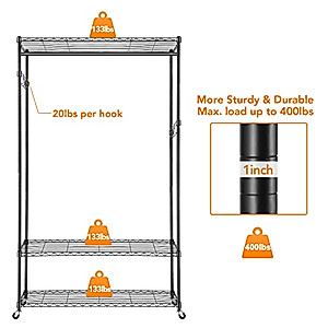 Modrine Clothing Rolling Rack, 3 Tiers Heavy Duty Garment Rack, with Lockable Wheels, 2 Side Hooks and 1 Clothes Rod (Black)