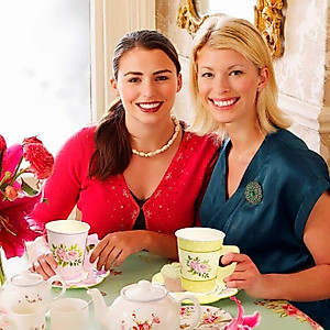 ceiba tree Floral Paper Disposable Tea Cups with Handle and Saucers Tea Party Decorations Favors 24 Sets for Girls Women Flower Birthday Baby Shower Wedding Party Supplies