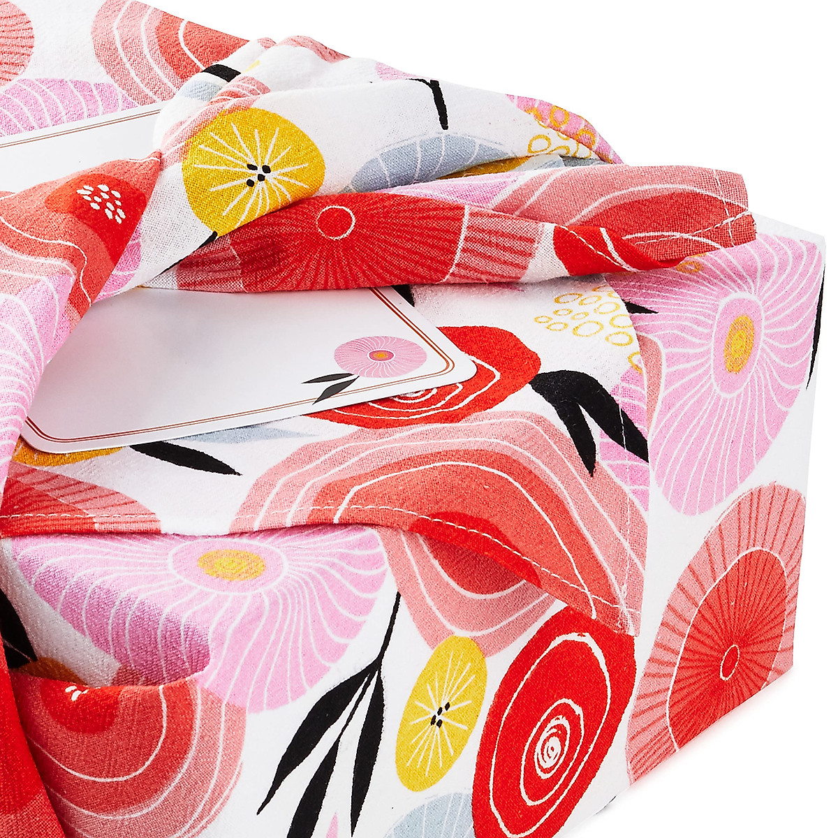 Hallmark Reusable Fabric Gift Wrap (1 Sheet: 26" x 26" Pink and Orange Modern Floral) for Birthdays, Bridal Showers, Valentine's Day, Easter, Mother's Day