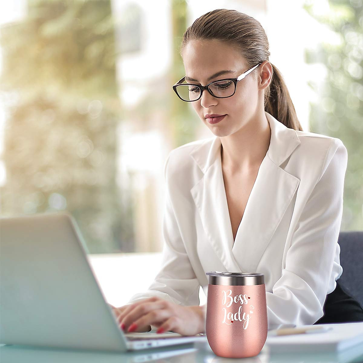 Boss Lady Wine Tumbler Cupcake Wine Socks Set, Bosses Day Christmas Gifts for Women Boss Female Friends Mom, 12 Oz Insulated Stainless Steel WineTumbler with Lid, Socks, Opener, Stopper, Rose Gold