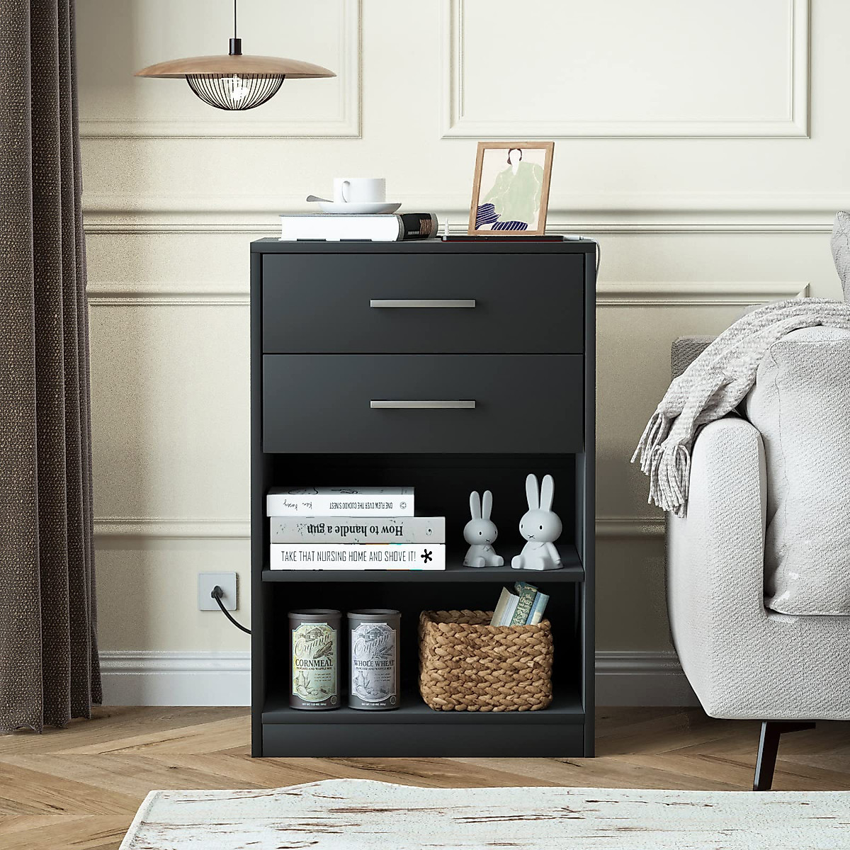 Irontar Nightstand with Charging Station, 2 Drawers End Table with 2 AC Outlets and 2 USB Ports, Wooden Side Table, Bedside Table with Adjustable Open Storage, Bedroom Night Stand, Black BZZ001BE