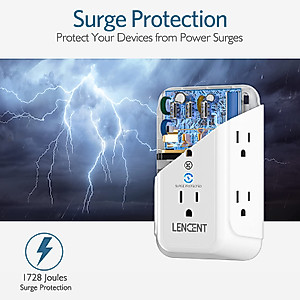 LENCENT USB Wall Charger, Surge Protector 6 Outlet Extender with 3 USB Ports, 1728J Power Strip Multi Plug,3-Sided Widely Spaced Adapter Multiple Expander,Mountable Wall tap for Home Travel Office