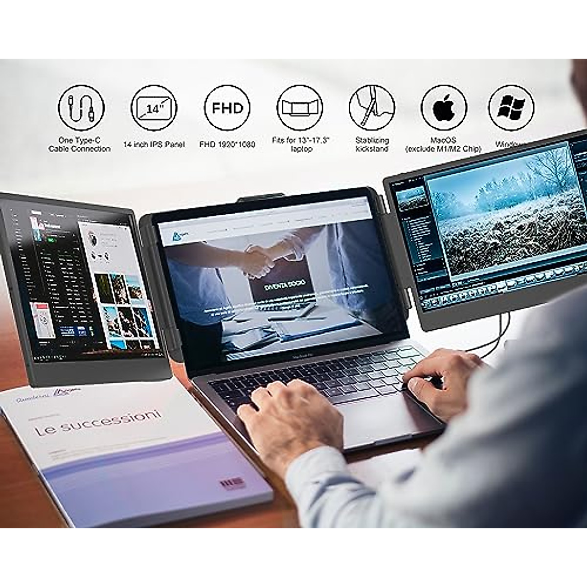 KEFEYA Laptop Screen Extender,14" Triple Screen Laptop Monitor Extender, 1080P FHD Portable Monitor for 13"-17.3" Laptops, HDMI/USB-A/USB-C for MacBook, Windows, Chrome, Switch, Plug and Play