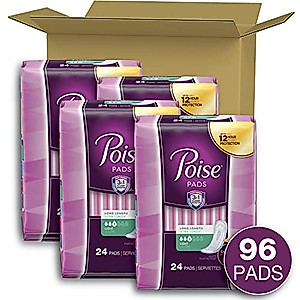 Poise Incontinence Pads for Women, Light Absorbency, Long Length, 96 Count (4 Packs of 24) (Packaging May Vary)