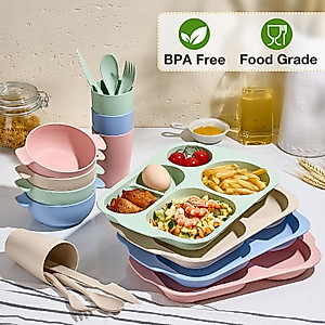 Hlukana 24 Pcs Wheat Straw Dinnerware Cutlery Set, Unbreakable Tableware Set, Including Kids Toddlers Divided Plates, Bowls, Cup, Cutlery Spoons Knifes Forks, BPA Free, Microwave Dishwasher Safe