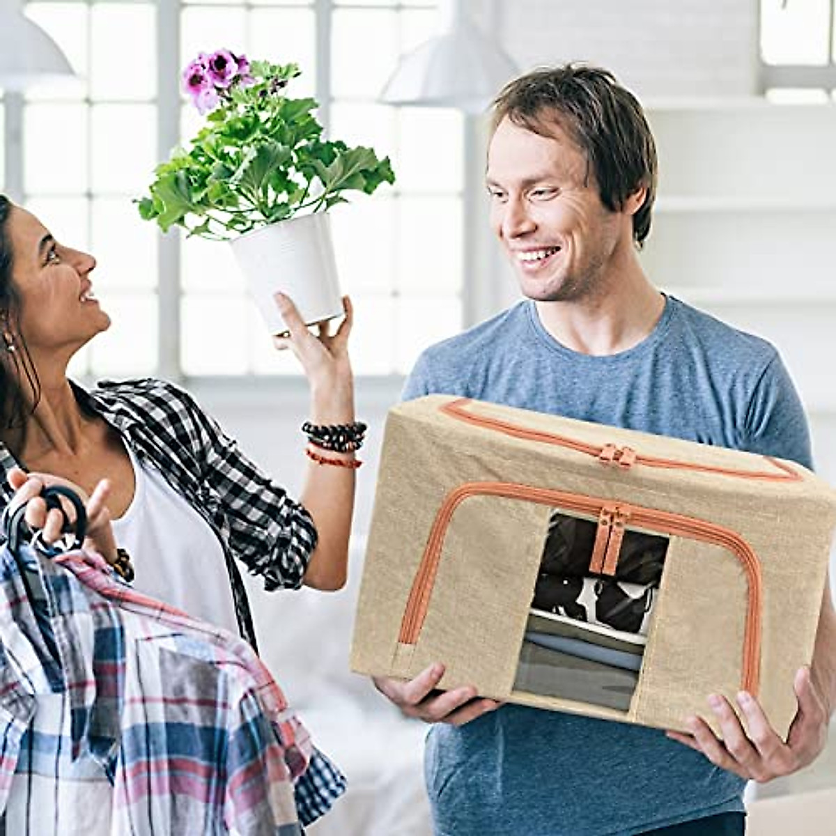 Tasmegol Foldable Clothes Storage Bins Stackable Steel Frame Closet Containers Organizer Bags Linen Cloth Clothing Box for Sweater Bedding Blanket（Beige 3 Pack 100L）