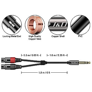 J&D XLR to 1/4inch (6.35mm) TRS Stereo Cable, 2 XLR Female to 6.35mm 1/4 inch TRS Male Unbalanced Interconnect Stereo Audio Cable for Speaker Mic Guitar Mixer AMP, 6 Feet