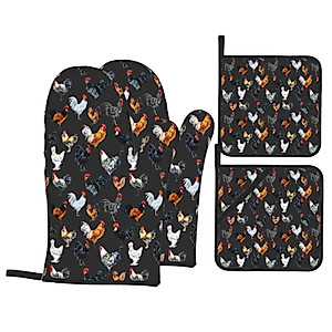 DONMYER Chicken Oven Mitts and Pot Holders Sets of 4 Rooster Oven Gloves Set Cock Kitchen Mitts Heat Resistant Farmhouse Potholders for Kitchen Baking Grilling