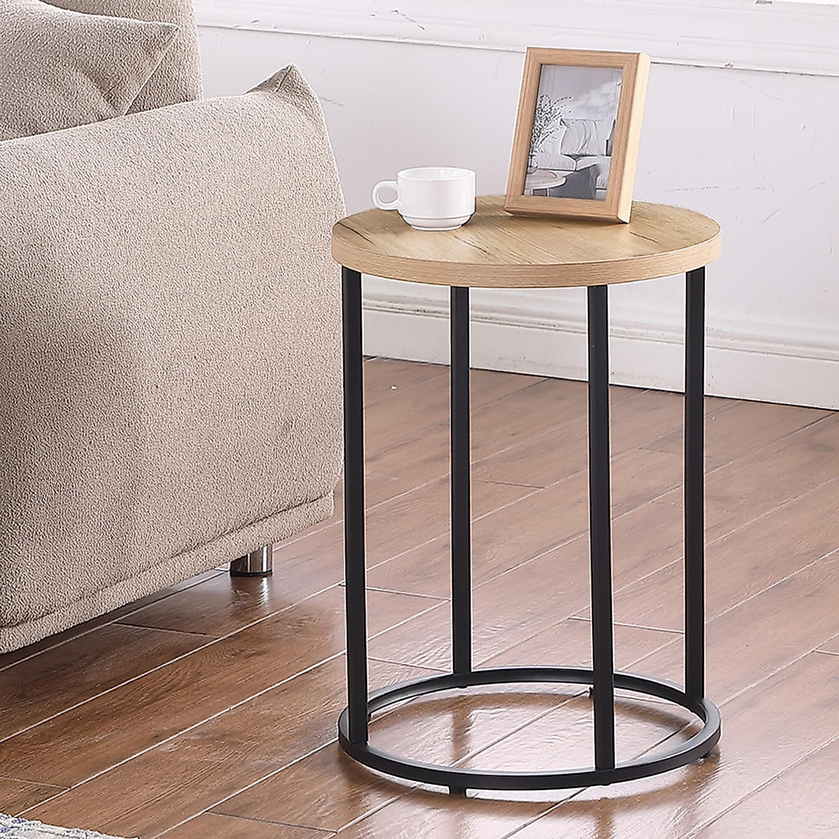 CENSI Oak End Table Side Table for Living Room, Mid-Century Modern Nightstand for Bedroom, Plant Stand, 15.7" Round, Wood and Metal (Natural)