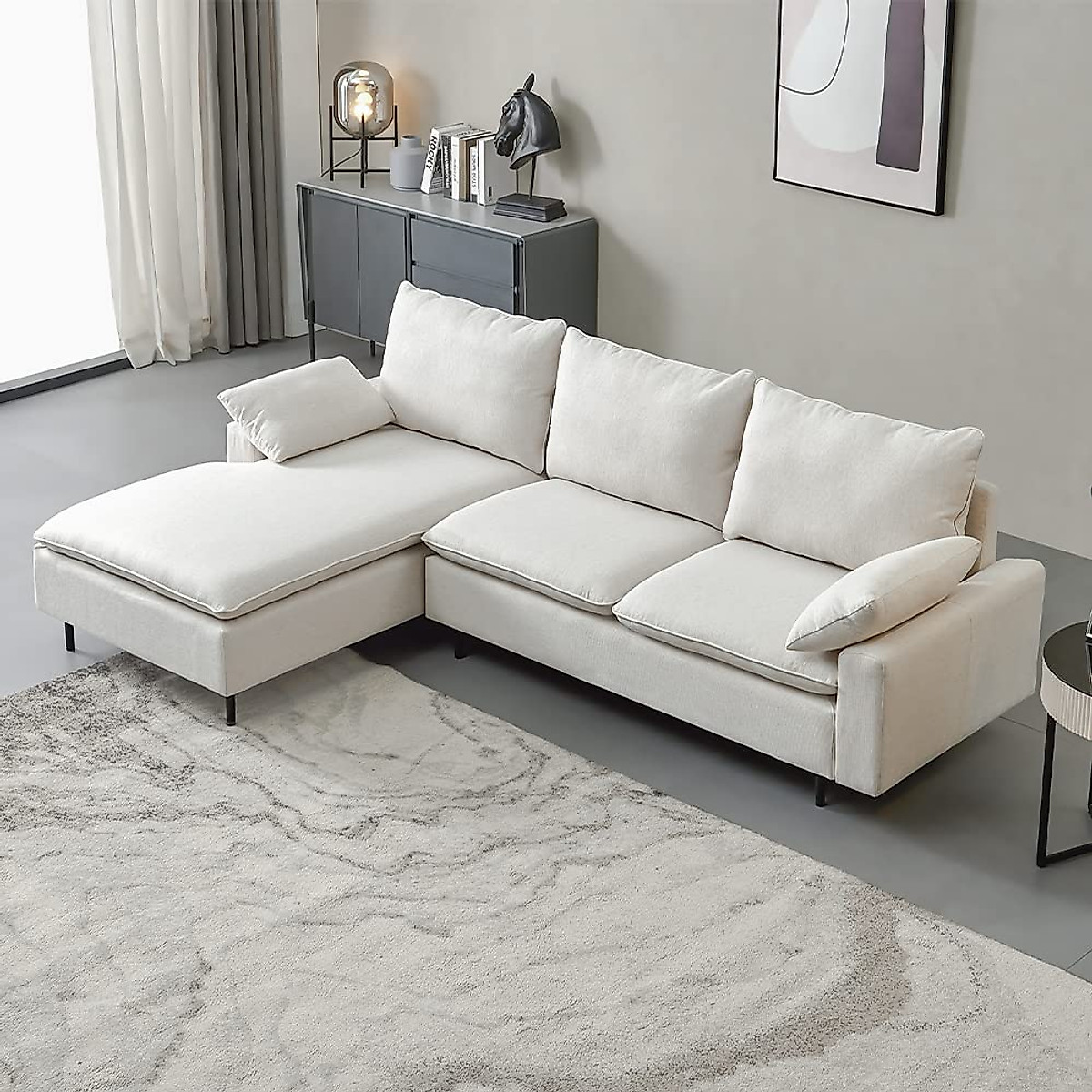 WILLIAMSPACE 100" Sectional Sofa Couch for Living Room, Modern L-Shaped 3 Seat Sofa with Chaise Lounge, Upholstered Sofa with Pillows and Black Metal Legs for Home Office (Left-Facing Chaise, Beige)