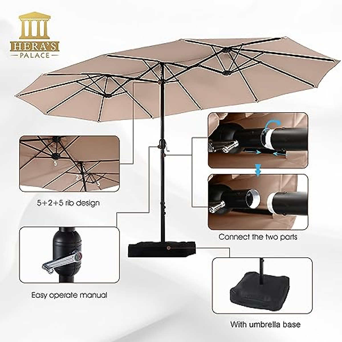 HERA'S PALACE 15 Ft Patio Umbrella with Base, Large Outdoor Umbrella with Crank Handle, Powerful UV Protective, Umbrella Outdoor Patio for Residential, Commercial Locations