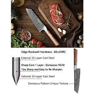 Damascus Santoku Knife 7 Inch Light Weight Professional Damascus Super Steel VG10 Damascus Chef Knife Comfortable Ergonomic Wood Grain Handle Very Sharp Kitchen Knives Luxury Gift Box