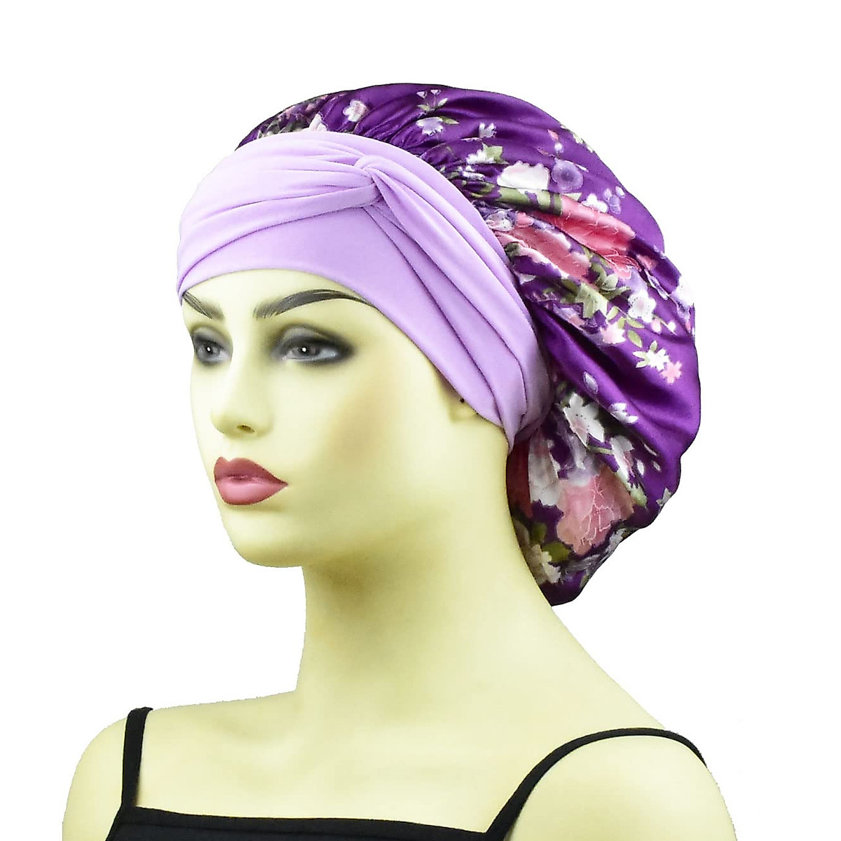 Silk Bonnets Satin Bonnet for Women Curly Hair Covers Large Sleep Hair Bonnets Sleeping Night Cap Silk Bonnet with Tie Band (Black + Pink Floral + Purple Floral)