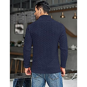 COOFANDY Men's Shawl Collar Sweaters V-Neck Relaxed Fit Basket Knitted Pullovers Navy Blue