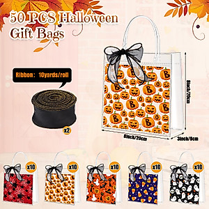 Hosuly 50 Pcs Halloween Clear Gift Bags with Handles Reusable Plastic Halloween Tote Bag Bulk Cute Treat or Trick Bags Pumpkin Boo Ghost Candy Bags with Ribbon for Halloween Party Favors Supplies