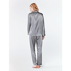 SIORO Womens Silk Pajamas Soft Long Satin Sleepwear Ladies Pajama Sets Button Down Loungewear Pyjamas Suit, Grey, L