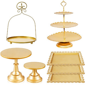 7Pcs Gold Cake Stand Set - Metal Dessert Table Display Stands - Dessert Trays - Tiered Cupcake Holder Display Plates for Tea Party Wedding Birthday Baby Shower Home Decoration (Gold)
