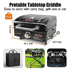 QuliMetal Portable Griddle Flat Top Grill 17 Inch Table Top Grill with Hood Propane Grill with Carry Bag Outdoor Griddle Camping Griddle 15,000 BTU Burner 268 Sq 304 Stainless Steel for Party Tailgating Black