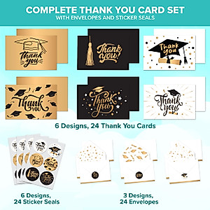 Decorably 24 Pack Gold Foiled Graduation Thank You Cards with Envelopes & Stickers - Blank Inside Thank You Cards Graduation, 6x4 Thank You Cards with Envelopes Graduation, Graduation Thank You Notes