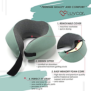 Luvcor Premium Quality Memory Foam Travel Neck Pillow Bundle - Best Ergonomic Pillow for Airplane Travel, car Ride, Sleeping. Comes with Eye mask, earplugs and Storage Bag. (Imperial Green)