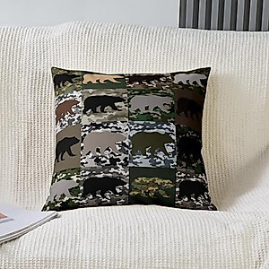 Bear Pillow Cover,Camouflage Plaid Print Double Sides Print Pillowcase Soft Square Cushion Case,Wildlife Animal Hunting Camo Print Throw Pillow Cover,2 Pack 16"x16"