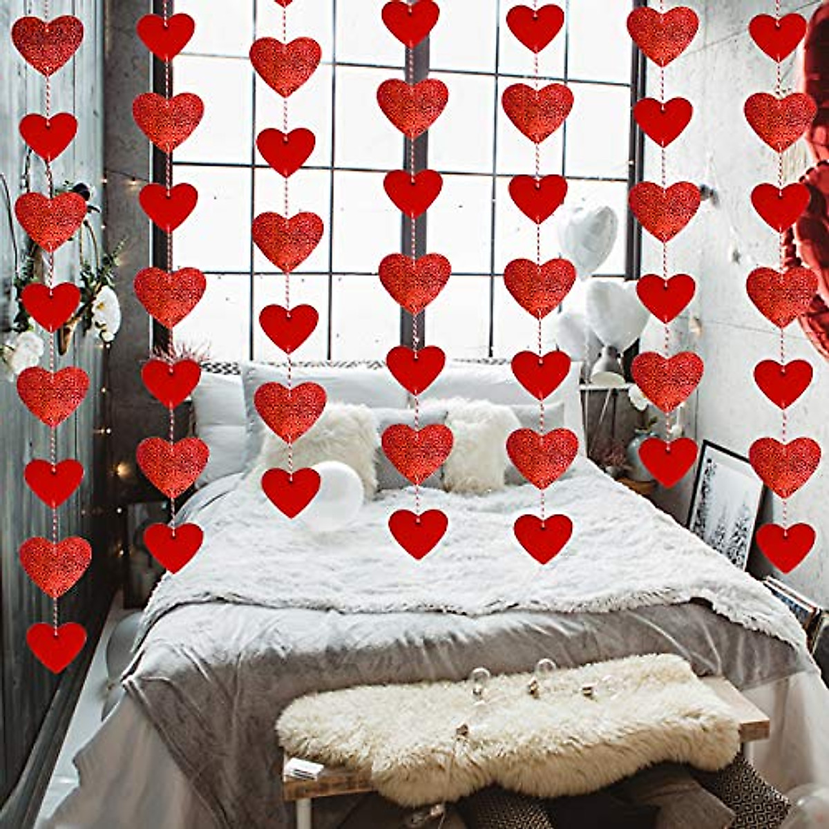 LeeSky 6Pcs Red Valentines Heart Garland Valentines Day Heart Banner Valentines Hanging Hearts Decorations for Happy Valentines Day Decorations