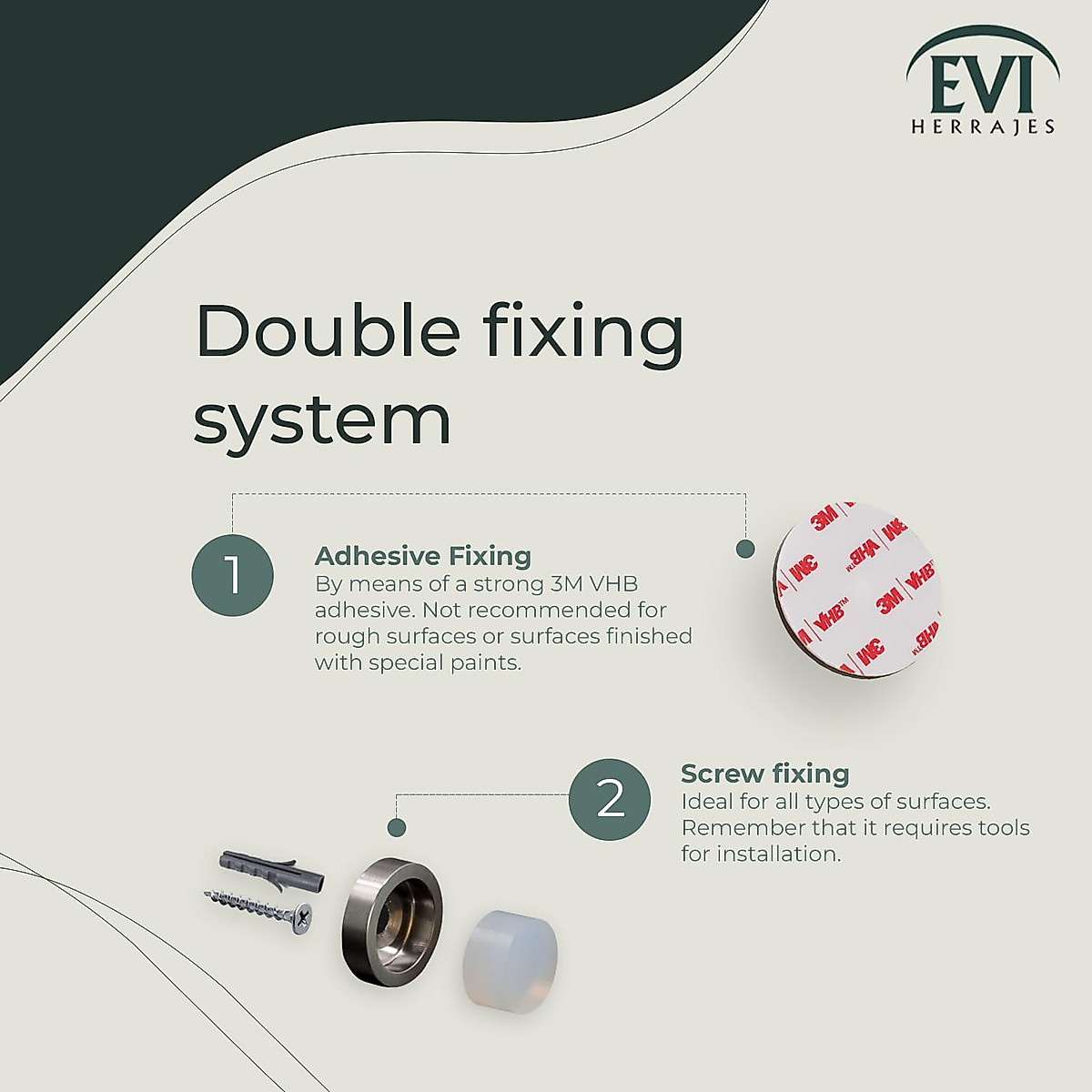 EVI | Wall/Handle Adhesive Doorstop | 0.9'' X 0.55'' | White Rubber | V2A Stainless Steel | Matte Finish | Includes Screw + Clamping Anchor | Mod. I-205/24