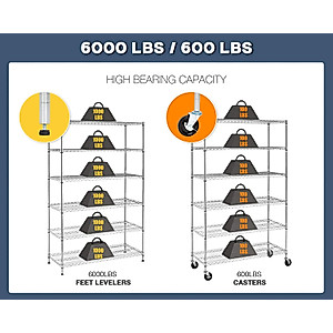 BestMassage with Wheels 6 Adjustable Heavy Duty Metal Shelves Storage Unit Shelf,6000 LBS 18x48x76, Chrome