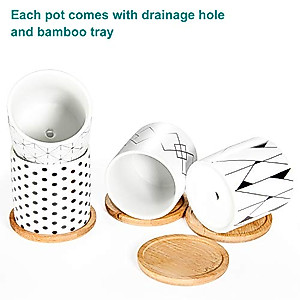 Succulent Pots 6 Pack, Laerjin 3 Inch Succulent Planters with Drainage and Bamboo Tray, Geometric Patterns Ceramic Small Pots for Baby Plants, Cactus, Herbs- Plants Not Included