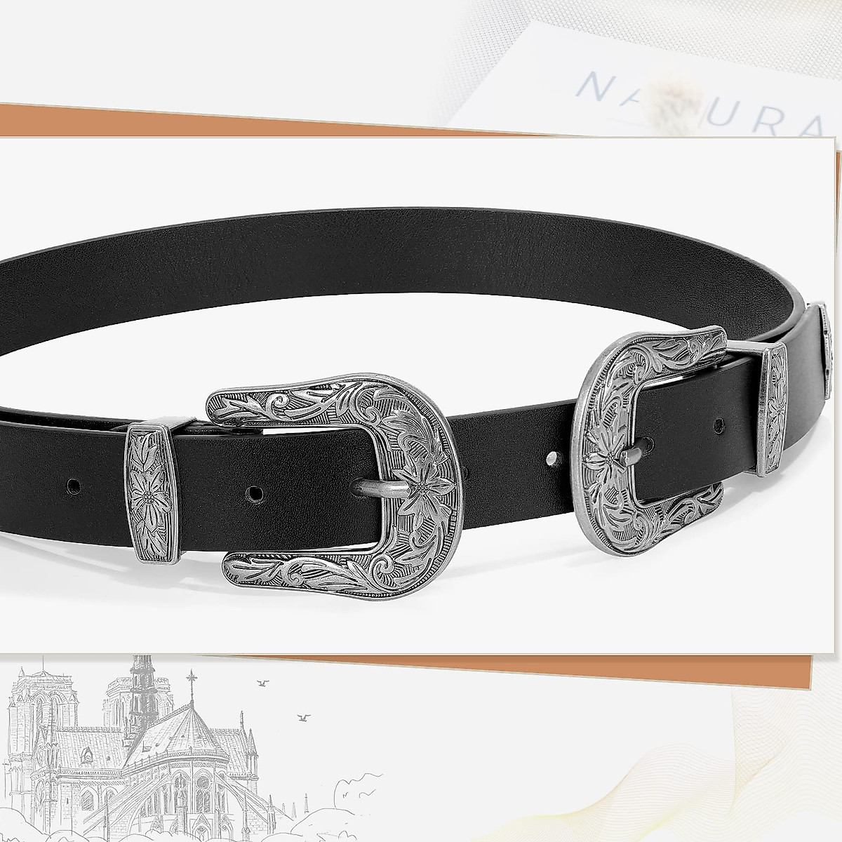 WHIPPY Vintage Western Leather Belt for Women Double Buckle Retro Cowgirl Waist Belts for Jeans Pants and Dresses Black Silver Tone L