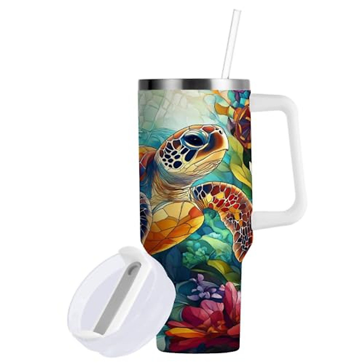 Slewiaeky Tumbler with Handle 40 oz Lovely Tortoise Turtle Travel Mug with Lid and Straw Ocean Stainless Steel Vacuum Insulated Water Bottle Cup for Iced Tea Coffee Cold Beverages Cup Holder Friendly