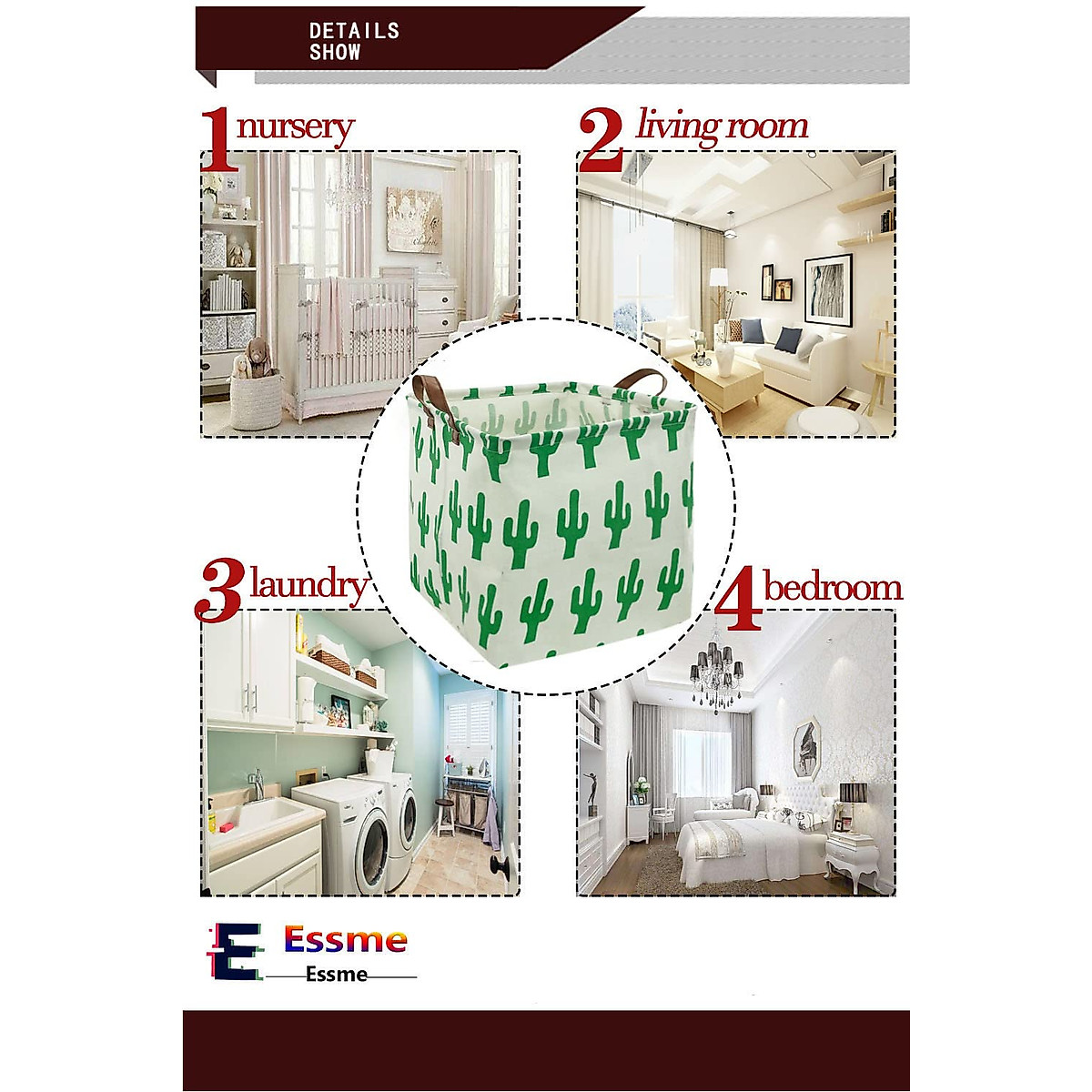 ESSME 3PACK Square Storage Bin,Cotton Fabric Laundry Baskets,Collapsible Waterproof Toy Storage Bin with Handles for Family Storage,Shelf Baskets,Bedroom(3pack Cactus)