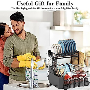 Iwaiting Outdoor Dish Drying Rack, 2 Tier Dish Dryer Rack for More Space Saving, Large Dish Rack with Sink Drainer, Durable Metal Dishrack Set, Dish Racks for Kitchen Counter Black