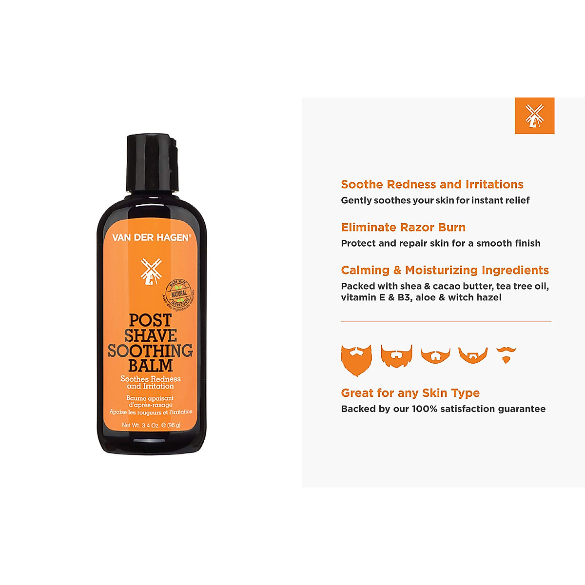 Van Der Hagen Post Shave Soothing Balm - Natural Ingredients for Soothing and Moisturizing Post Shave Finish, Unscented, 3.4 oz