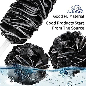 BCKENEY Bath Loofah Sponge Back Brush with Long Handle Extra Large 75g Soft Mesh Shower Poufs for Women & Men - Exfoliator Bathing Accessories (3Pcs 75G XL Charcoal Black)
