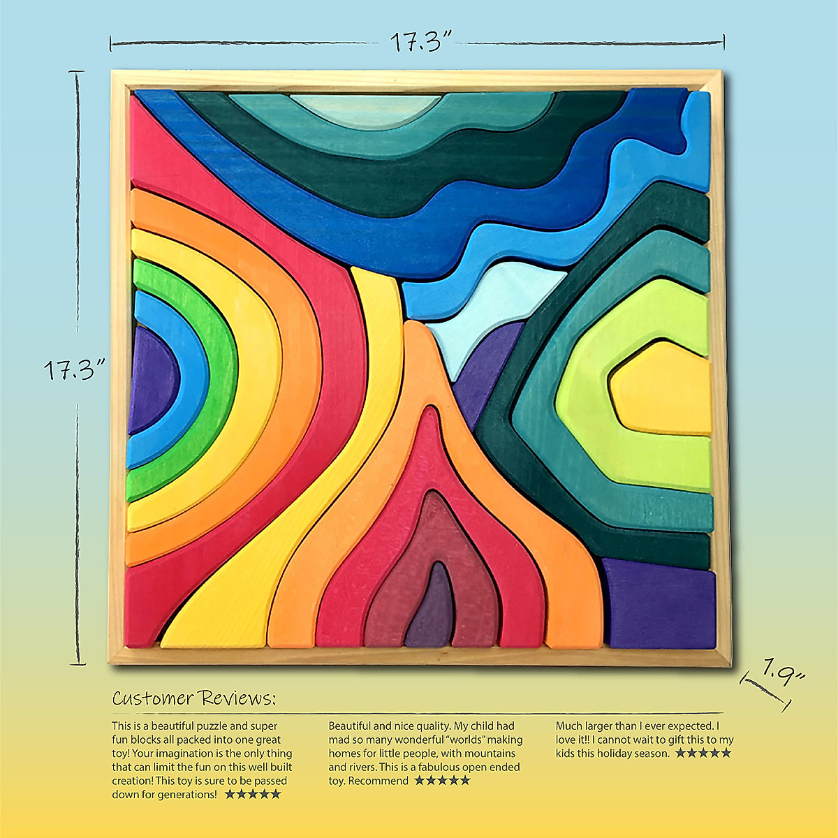 moderngenic 'Four Elements' Rainbow X-Large Rainbow Blocks, Wooden Toys for Kids, Geometric Building Puzzle, Volcano/House Educational Set