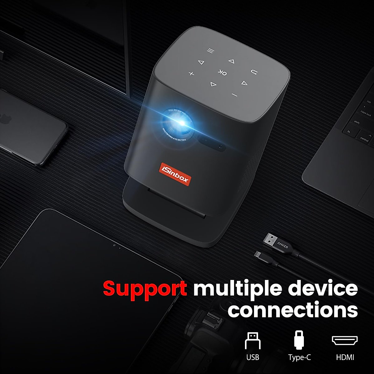 Mini Projector with Android TV,iSinbox DLP Portable Projector,1080P Netflix 3D Support,12000L Projector with Wifi and Bluetooth,Rechargeable Battery,HIFI Speaker,4K Projector for Phone/HDMI/USB