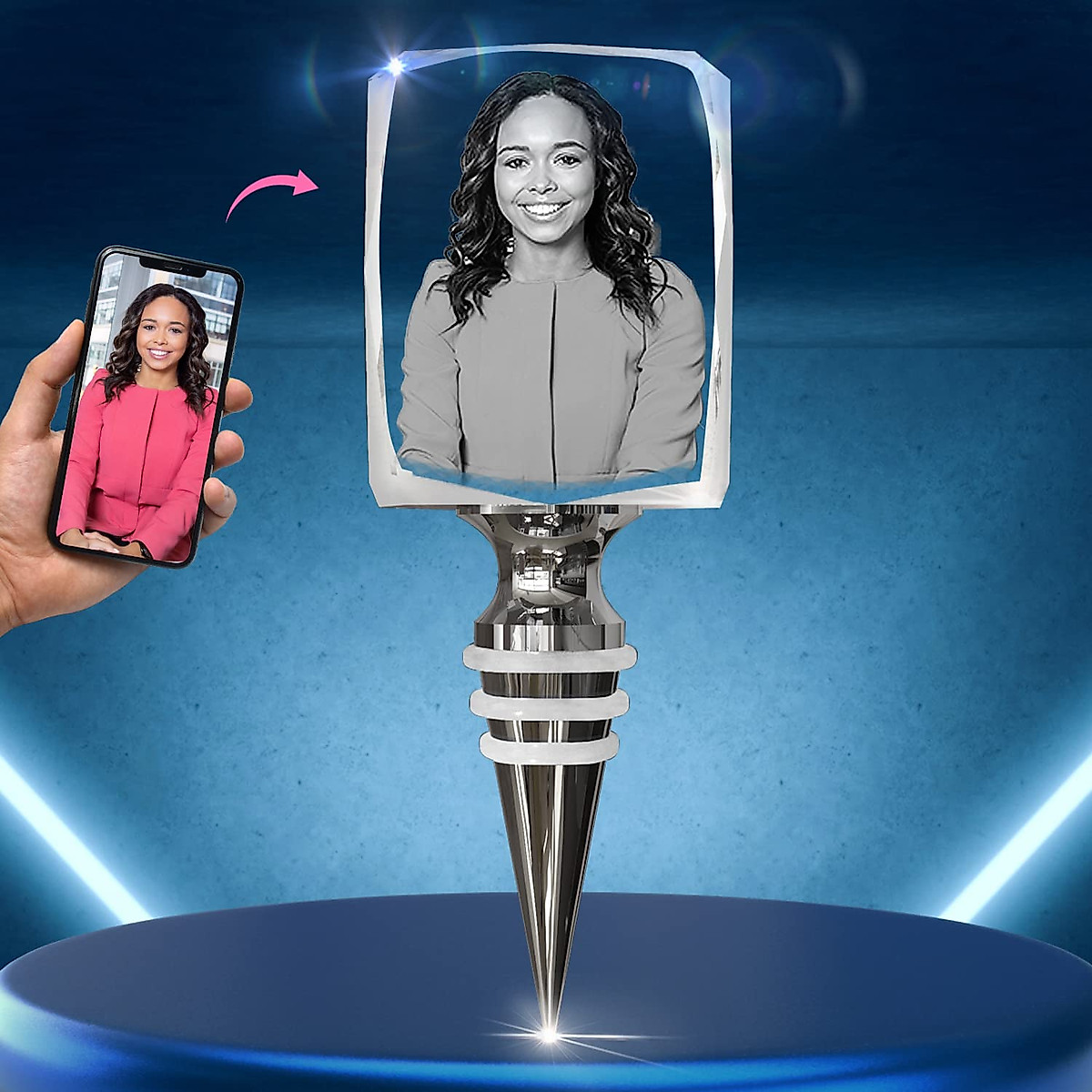 3D Crystal Photo Wine Stopper - 3D Crystal Picture Engraved, Personalized & Custom - Gift for Father's day, Anniversary, Pet, Memorable Gift, and Keepsake