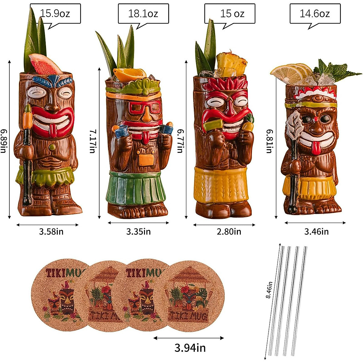 SUN GKOTTA Cocktail Tiki Mugs Set Of 4 - Exotic Mug With 4 Coasters And 4 Straws，Cute Ceramic Hawaiian Style Cocktail Glasses For Party And Tropical Tiki Bar，Mai Tai Cocktail Drinkware (Glossy)
